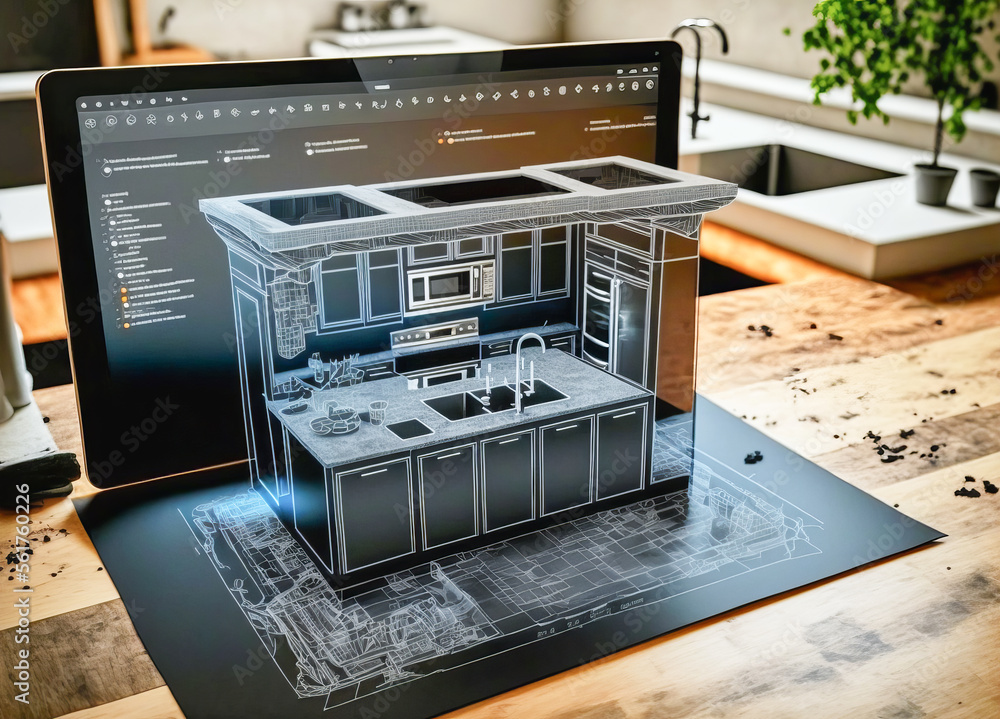 Future design. The construction drawings of the kitchen turn into a 3D ...