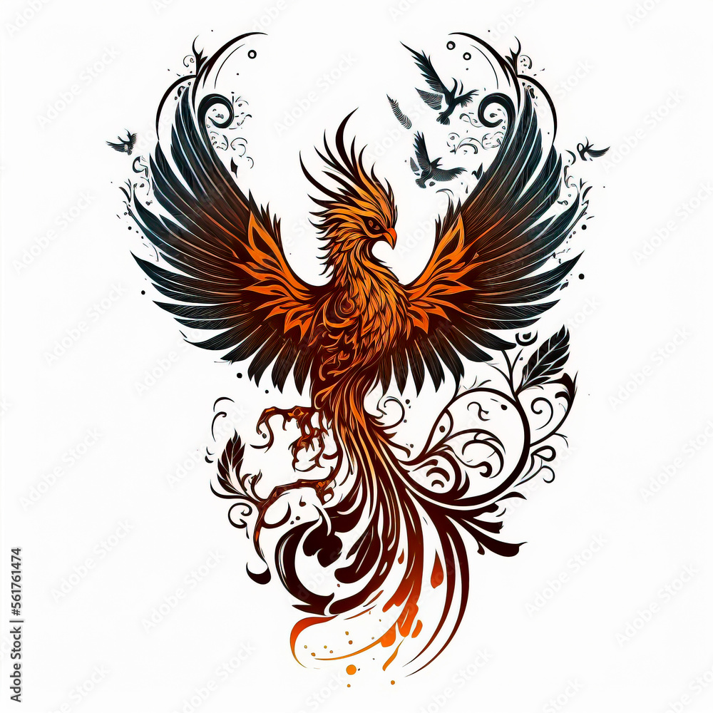 Freedom, phoenix bird tattoo sketch on white background. black ink and ...