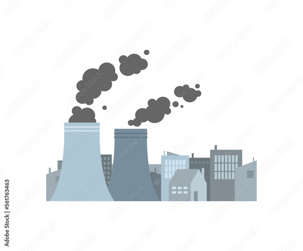 CO2 emissions by power plant chimneys isolated on white. City buildings generate different ...