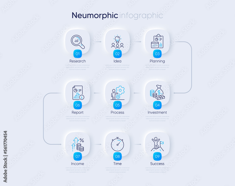 Neumorphic business 9 step flowchart or timeline diagram. Presentation ...