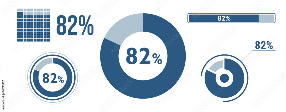 82% percentage infographic set. Eighty-two circle diagram, pie donut ...
