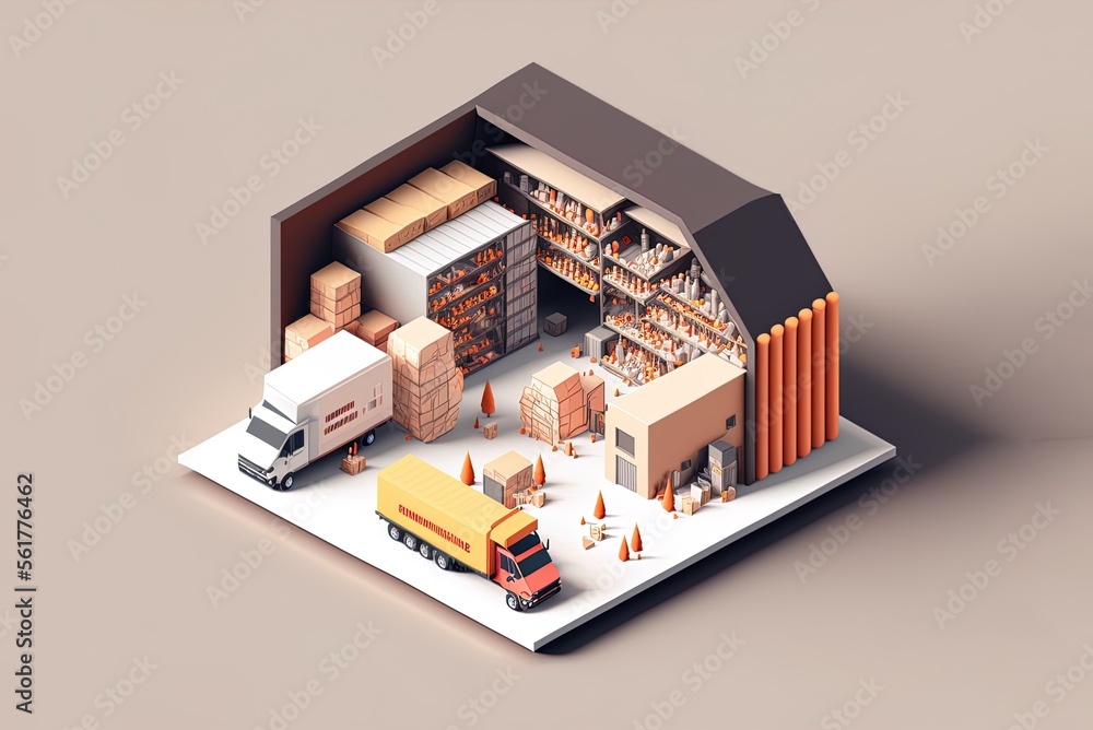 warehouse isometric view of storage facility and shipping logistics for ...