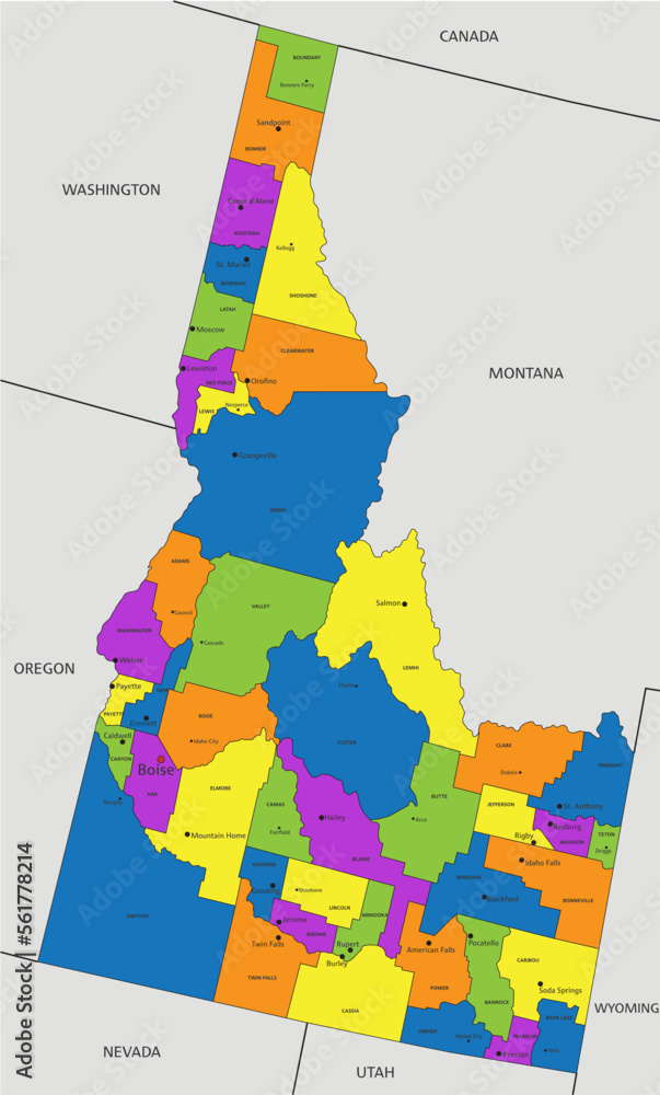 Colorful Idaho political map with clearly labeled, separated layers ...