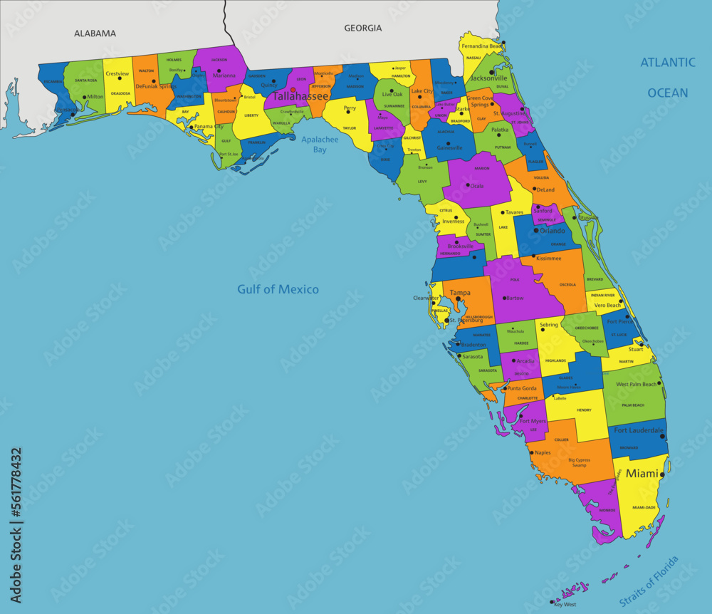 Colorful Florida political map with clearly labeled, separated layers ...