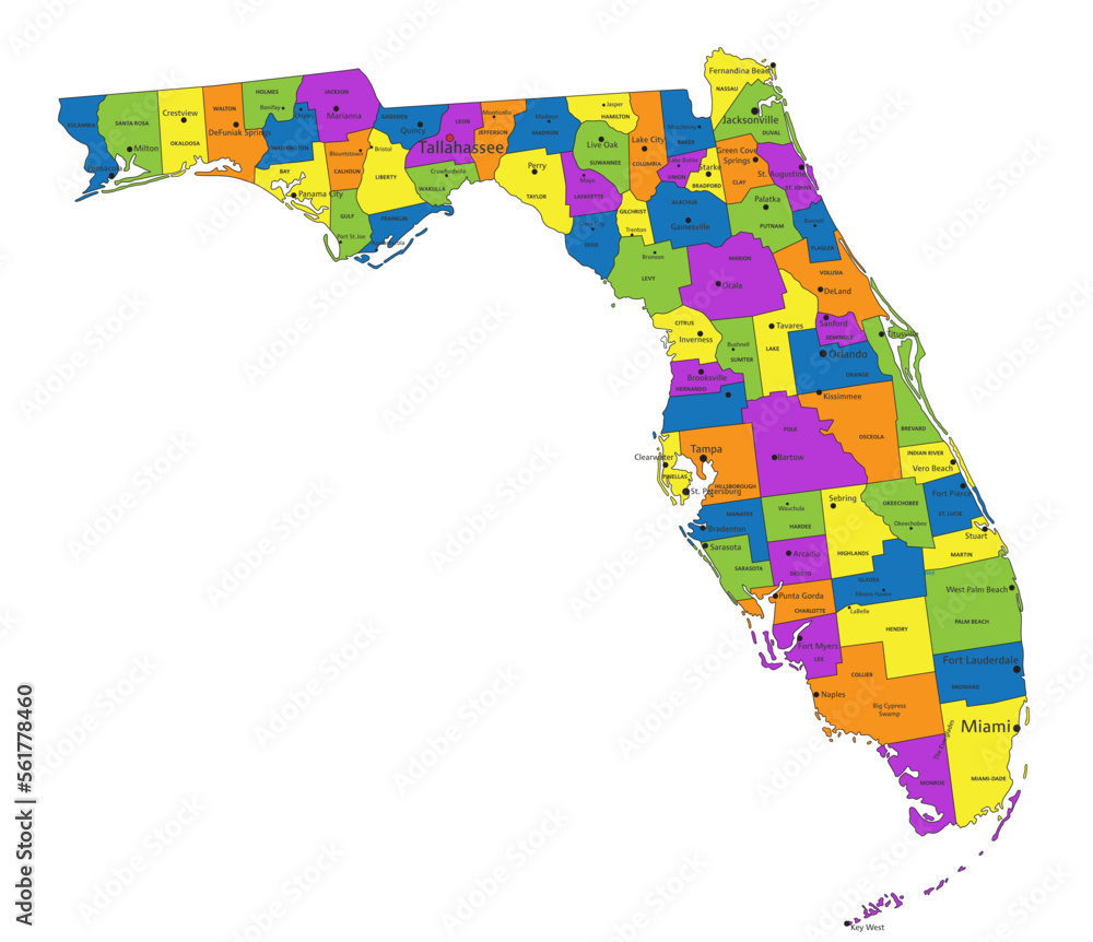 Colorful Florida political map with clearly labeled, separated layers ...