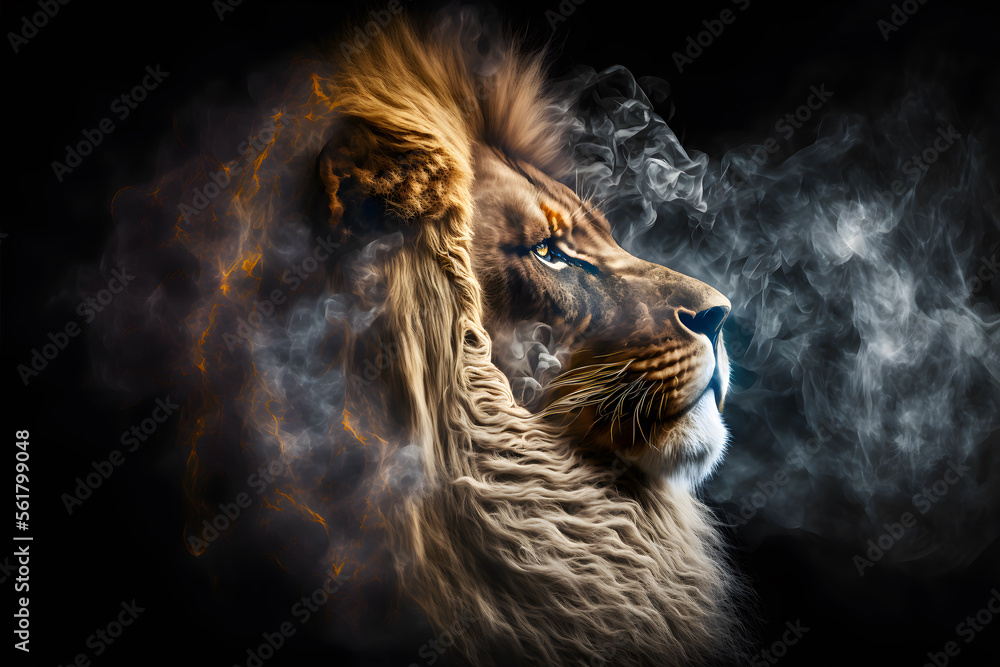 Artistic drawing of a lion with smoke around. Portrait style ...