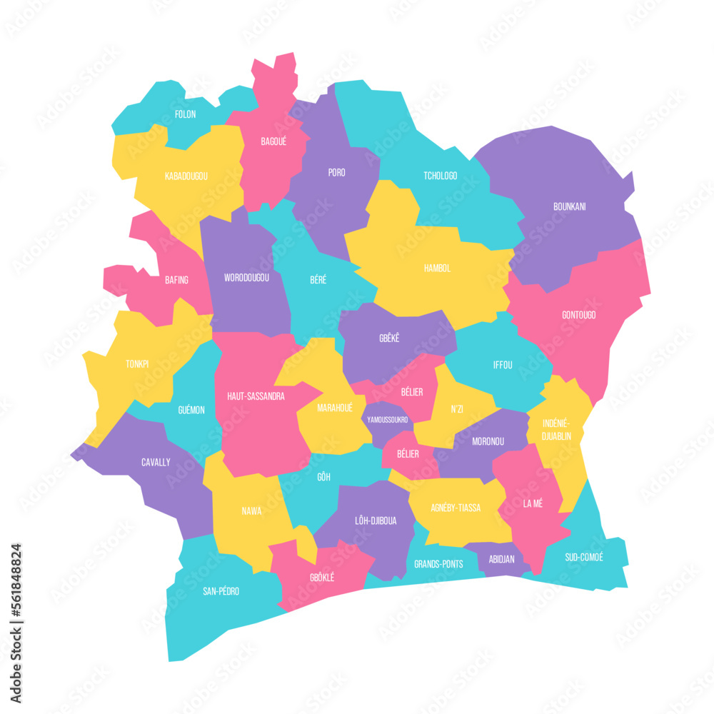 Ivory Coast political map of administrative divisions - regions and autonomous districts ...