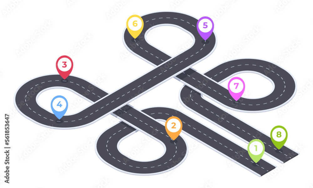 Isometric 8 steps timeline road. Timeline winding road navigation, city ...