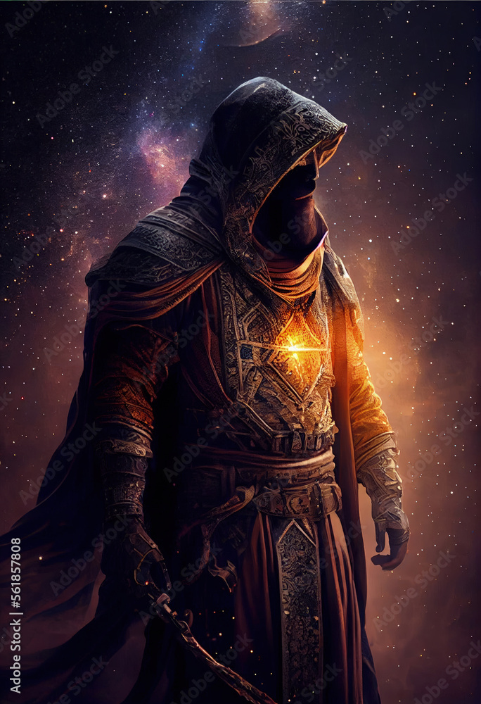 An Arabian knight wearing ancient arab clothing with ornaments and ...