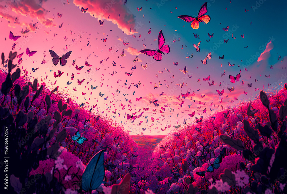 Dreamscape image with thousands of pink and purple butterfiles over a ...