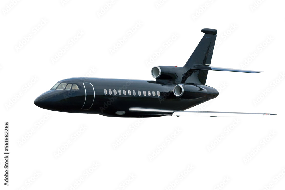 Modern black private jet flying isolated on transparent background ...