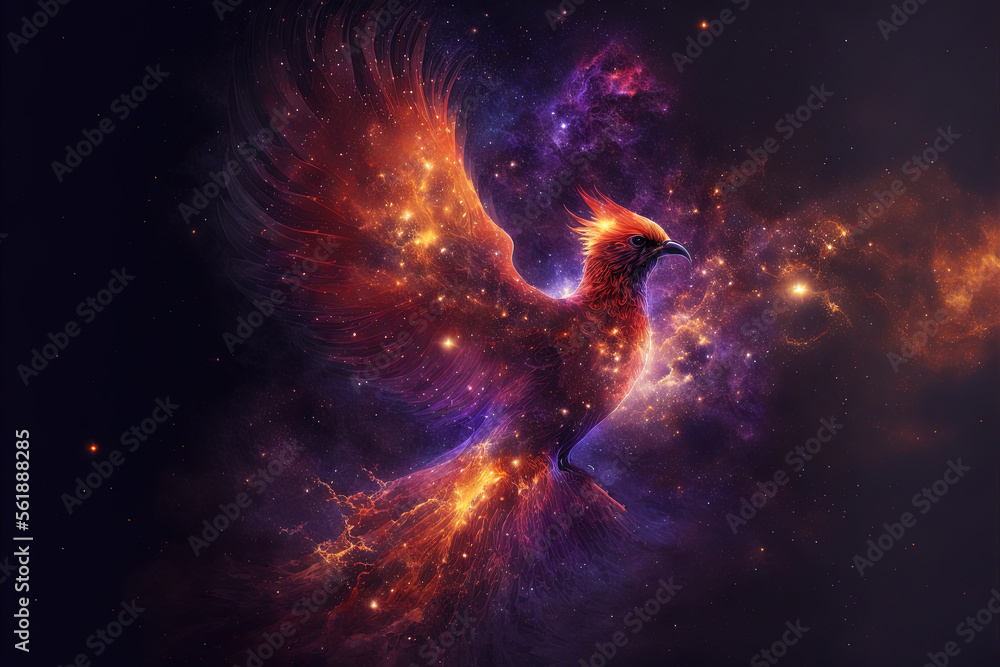 Phoenix with burning wings on space background. Symbol of rebirth ...