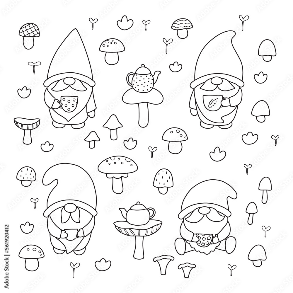 Coloring page with cute garden gnomes, tea cups and pots. Hand drawn ...
