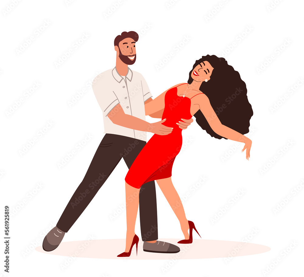 Happy beautiful couple man and woman in elegant sexy red dress dancing ...