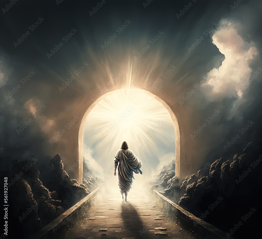 Jesus Christ is walking on the way back from heaven with light glow ...
