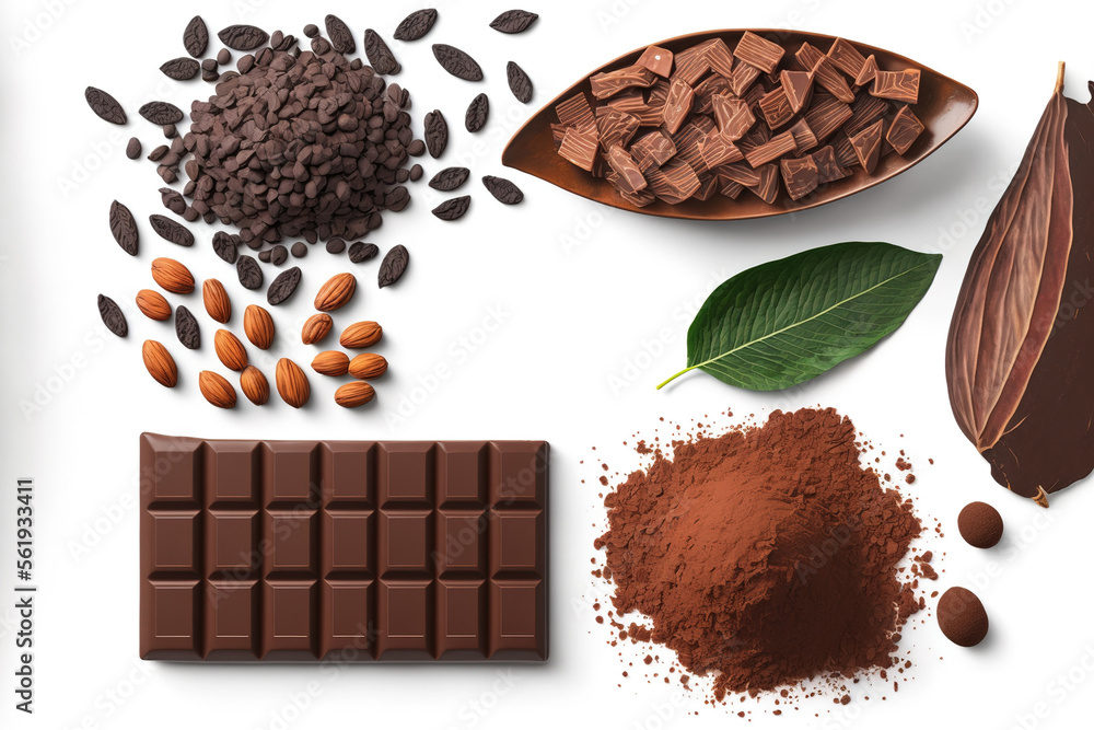 Ingredients for chocolate, including chocolate bars, cocoa powder, cocoa mass, and cocoa beans ...