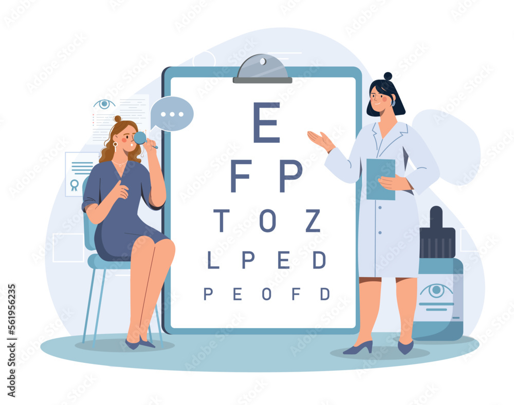 Ophthalmologist check vision. Woman at doctor closes one eye and calls ...