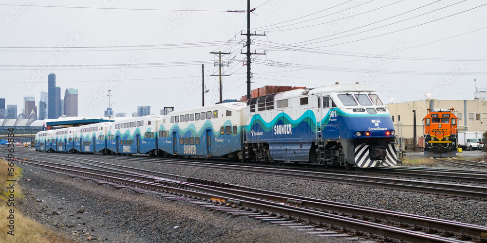 Seattle, WA, USA - January 12, 2023; Sounder commuter train approaches ...