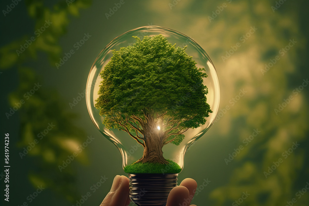 On a green background, a holding a lightbulb has a tree inside it ...