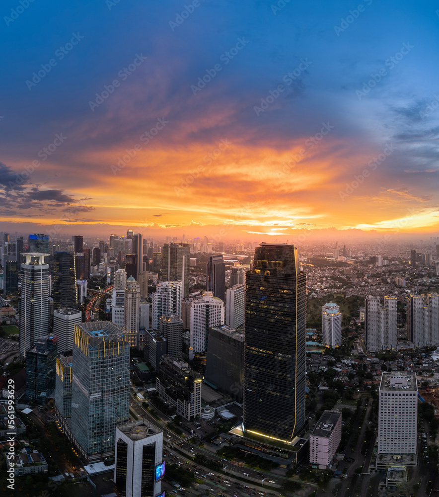 Jakarta Panoramic from Sudirman street view during the golden hour ...