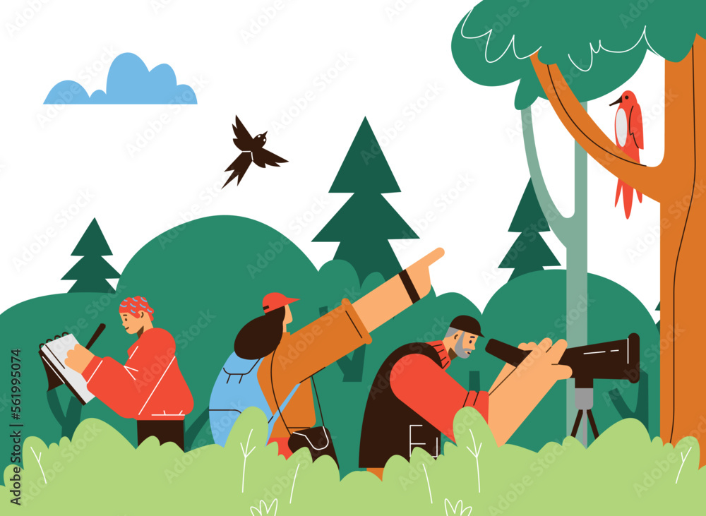 Ornithologists or birds watchers working in forest flat vector ...
