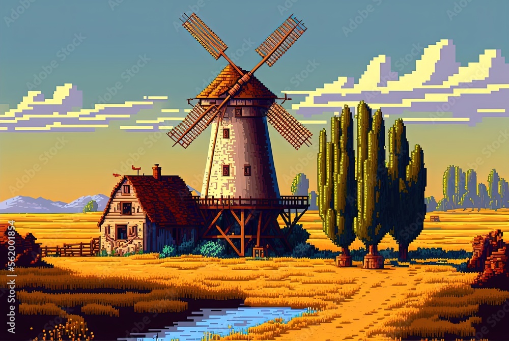 Pixel art wheat farm with mill and house, background in retro style for ...