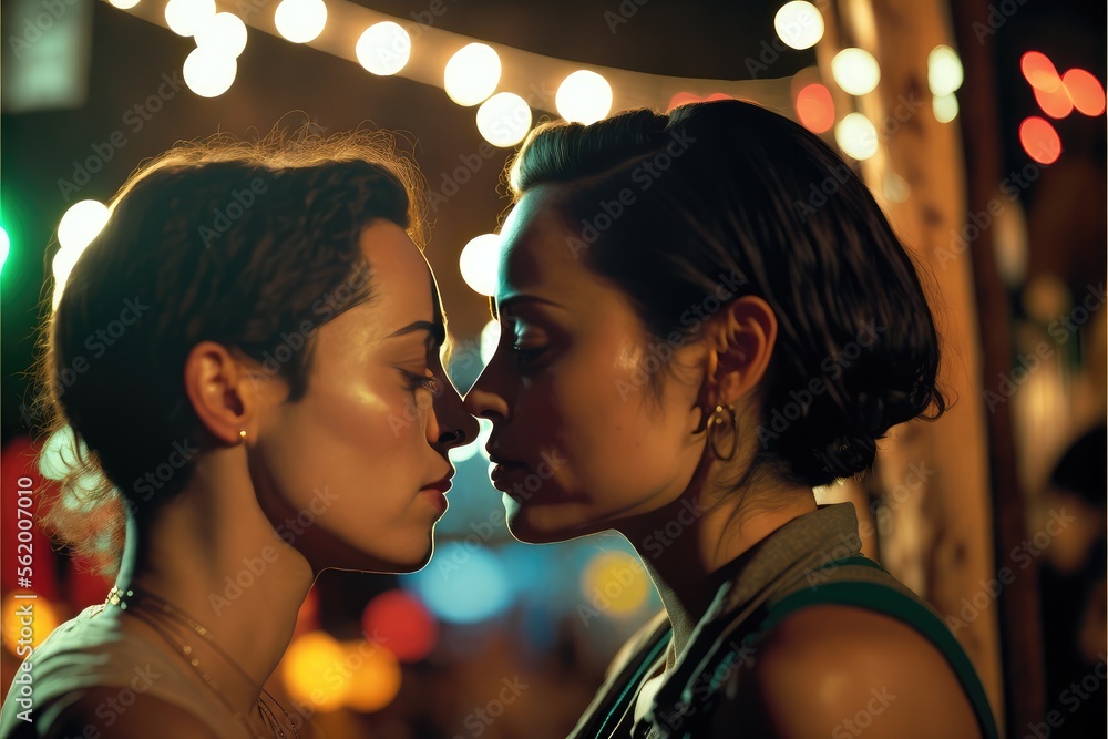 Young lesbian couple in their moment of intimacy at night in the street. This image was created ...