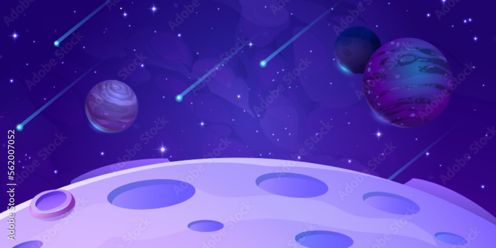 Fantasy alien planets and meteors in outer space. Moon surface ...