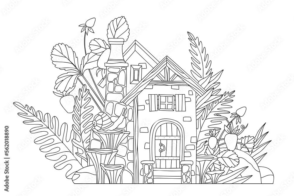 Coloring page forest house in berries and wild plants in cartoon style ...