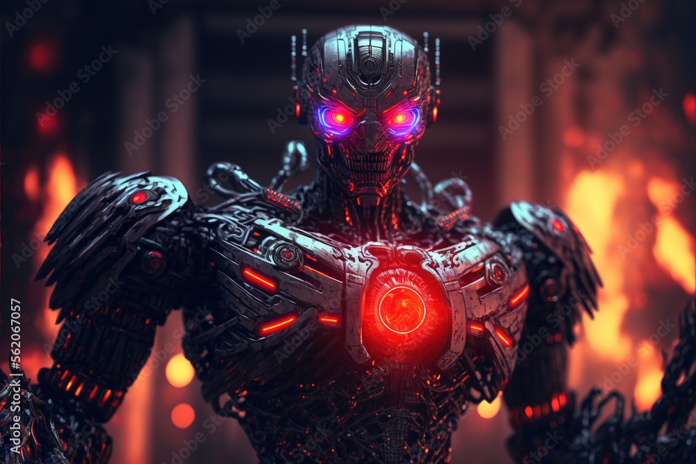 Evil Robot. Cyborg. Evil robot with red eye. Generative AI Stock ...