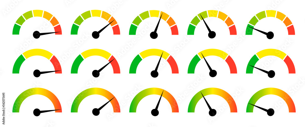 Speedometer gauge meter icons. Vector scale, level of performance ...