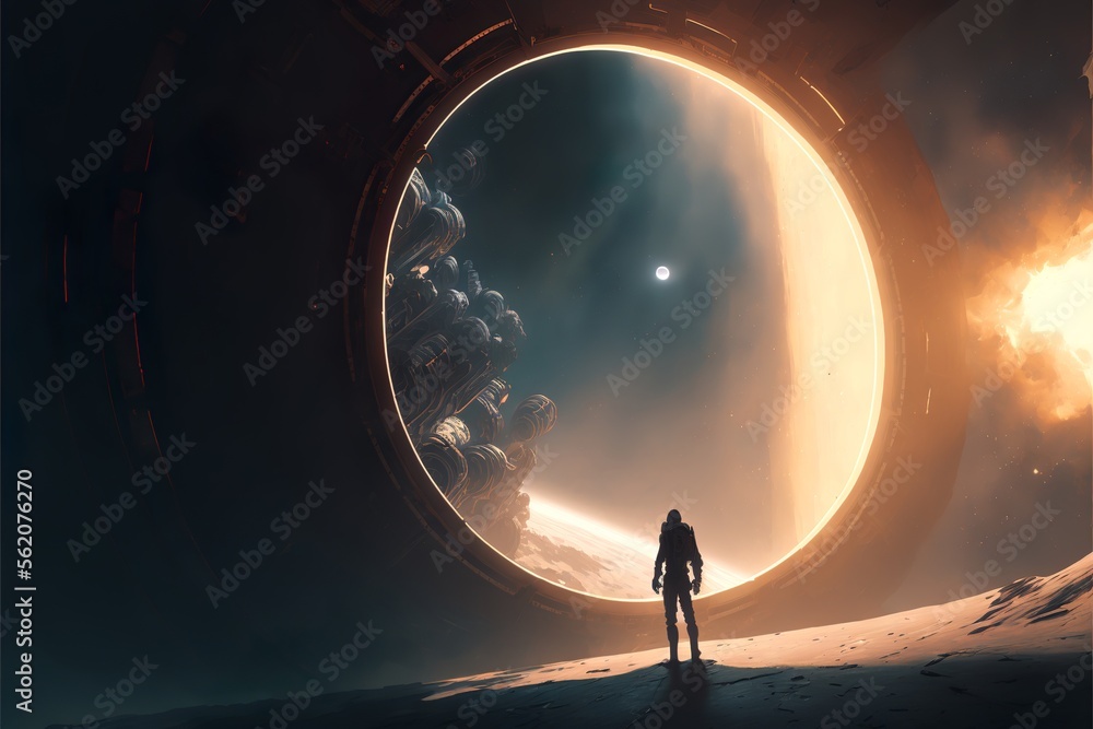 Time and space wanderer exploring a spaceship with a giant window in a ...