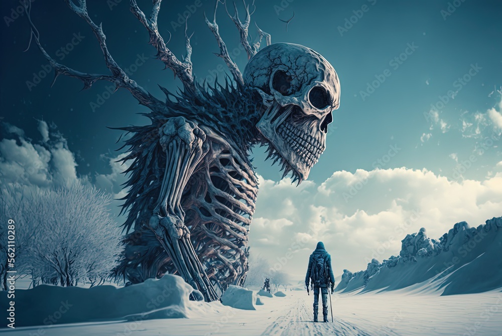 fantasy anime style illustration of a man or woman facing gigantic ...