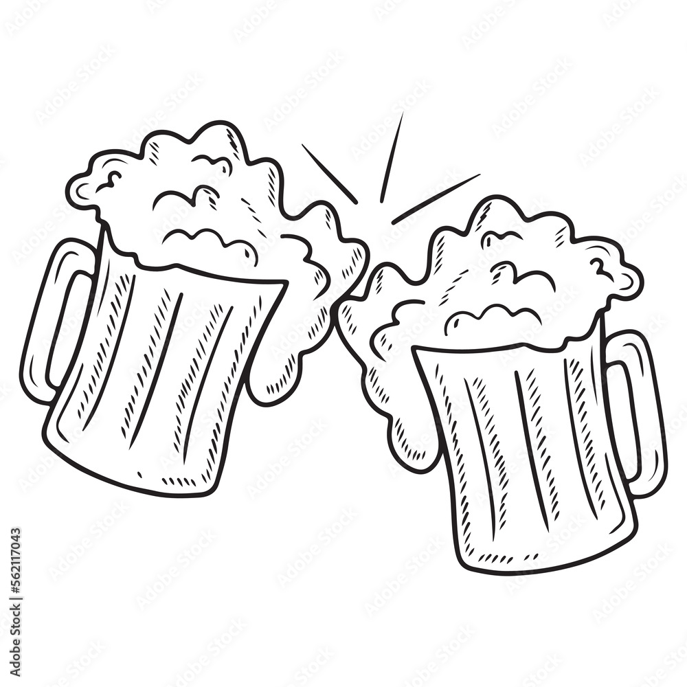 Two clink glasses with beer with foam cheers in black isolated on white ...