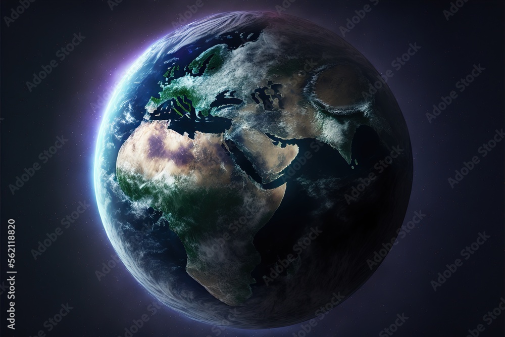 Digital dystopian globe, future, viewed from space, in the solar system ...