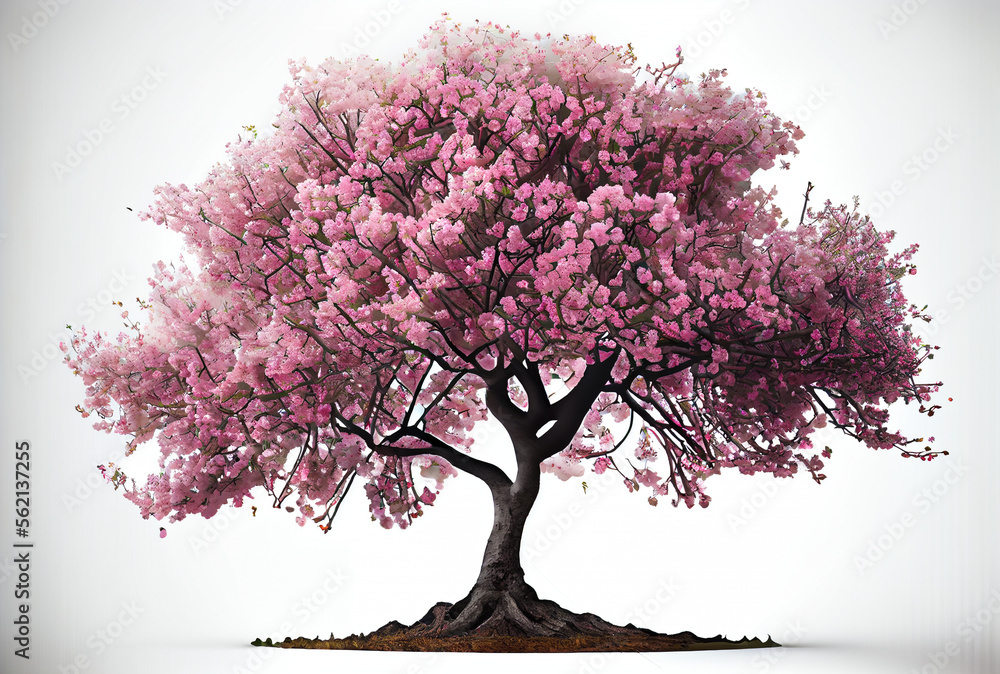 Large pink Cherry Blossom tree on white background. Digital art style ...