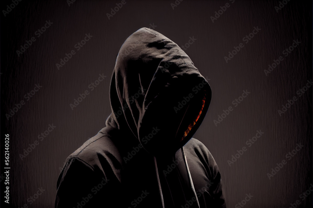 mystery crime conspiracy concept, faceless person wearing black hoodie ...