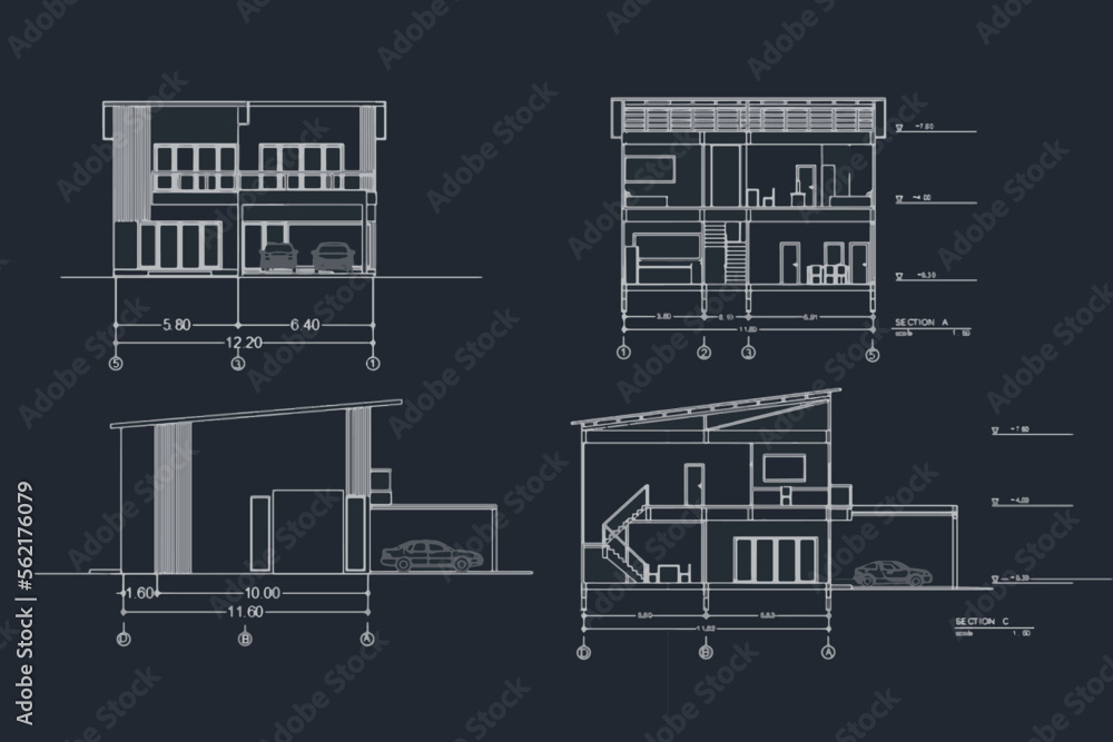 Detailed townhouse section, floor plans, apartments layout. Vector ...