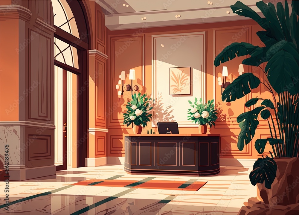 The foyer of a five-star hotel has a welcome desk, seats, and plants ...