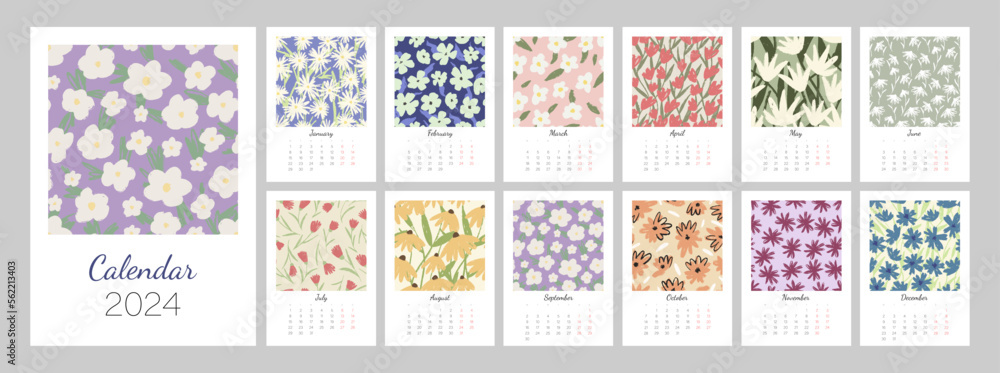 Floral calendar template for 2024. Vertical design with bright colorful ...