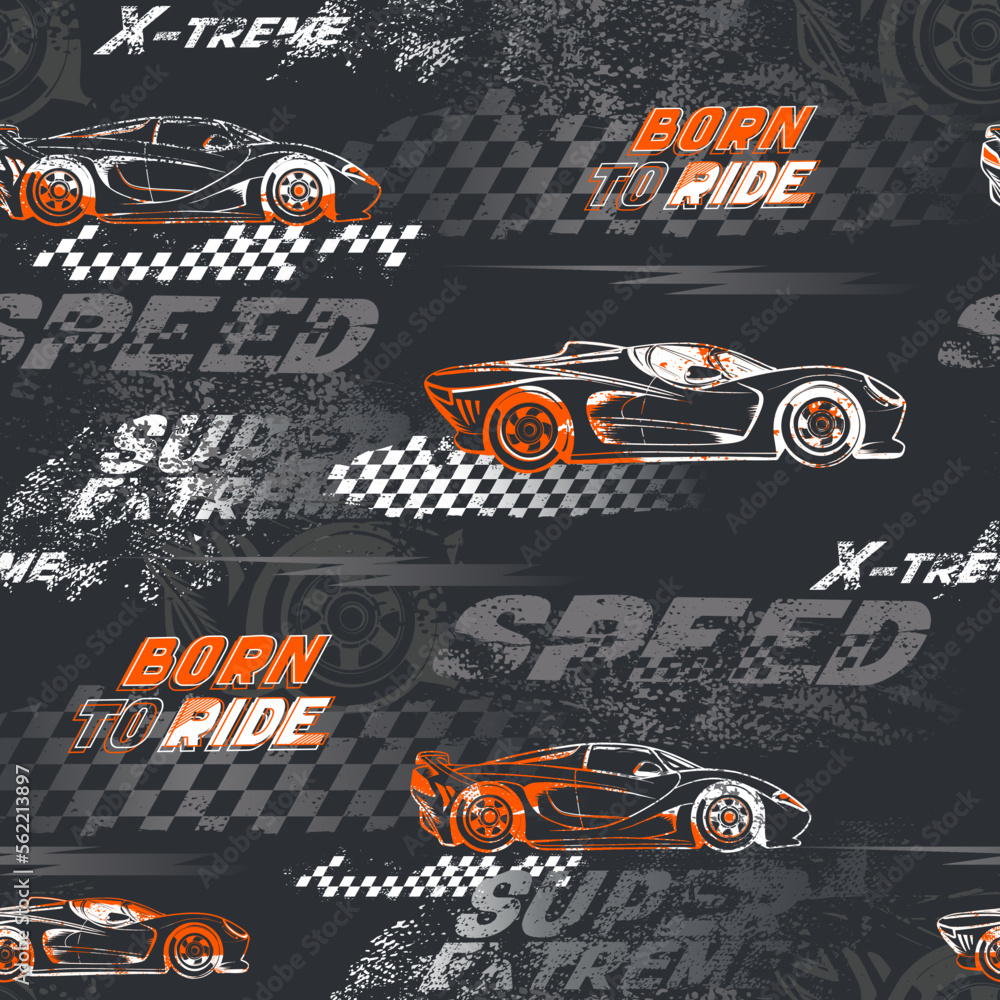 Abstract seamless pattern with sport car. Grunge repeat print with ...