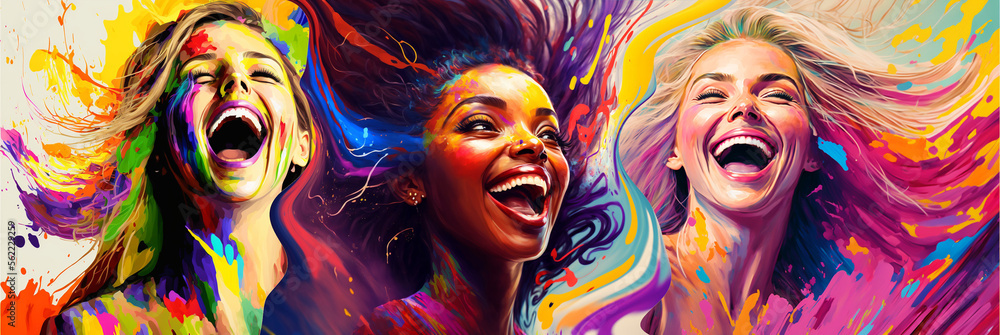 extremely happy young women, colorful spectacle of emotions with ...
