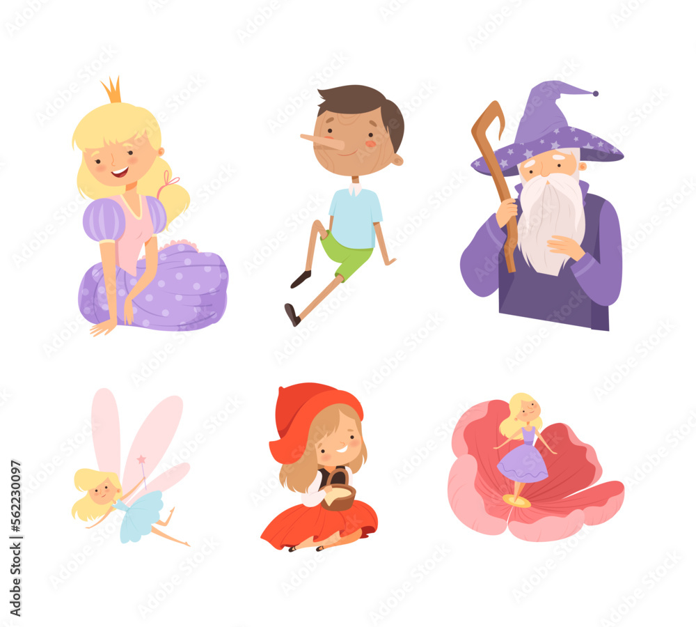 Famous fairy tale characters set. Pinocchio, magician, princess, fairy ...