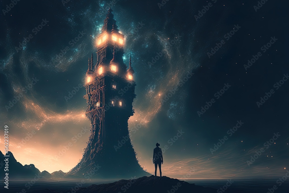 Surreal nighttime guy in front of a towering, enchanted structure ...