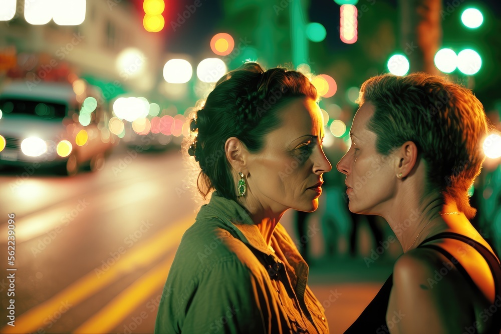 Senior lesbian couple in their moment of intimacy at night in the street. This image was created ...