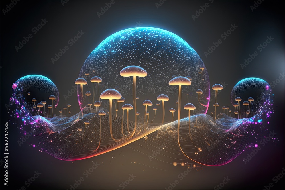 Neon colored magic mushrooms grow in space on a digital wave. Abstract ...