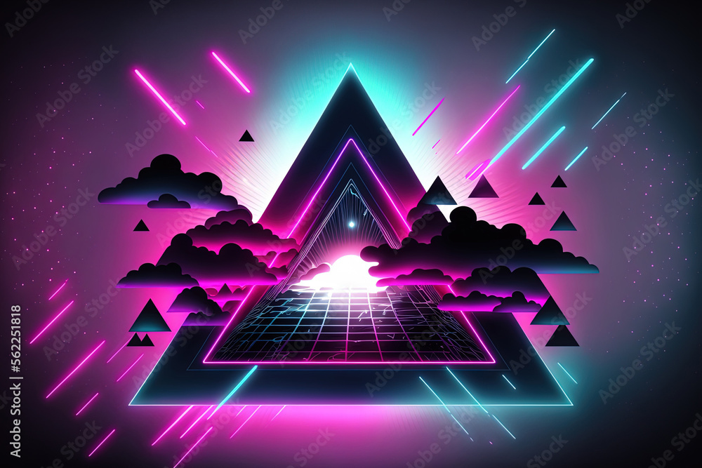 Retrowave, Vaporwave, and Synthwave On a background of a laser grid, a ...