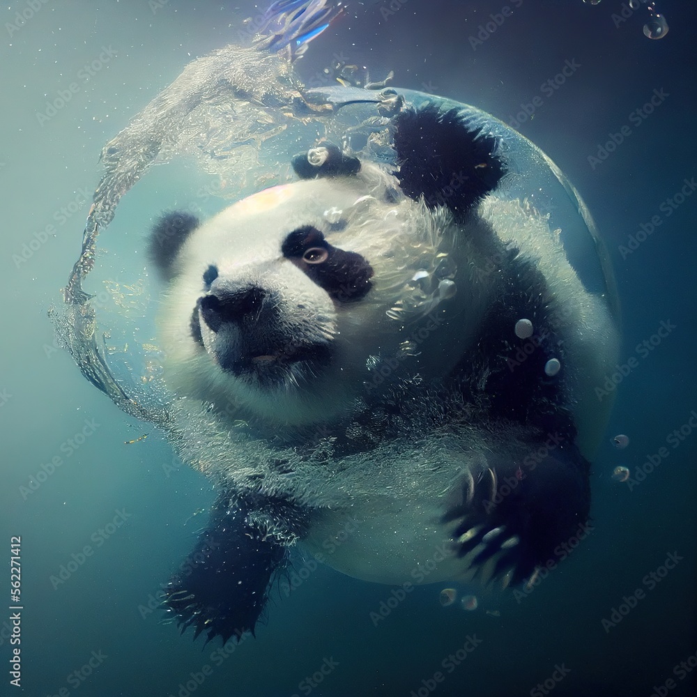 Cute panda diving underwater. The panda swims underwater. Generative AI ...