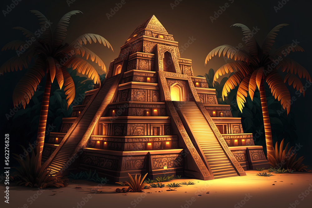 pyramid from the aztec era. A massive building with dramatic lighting ...