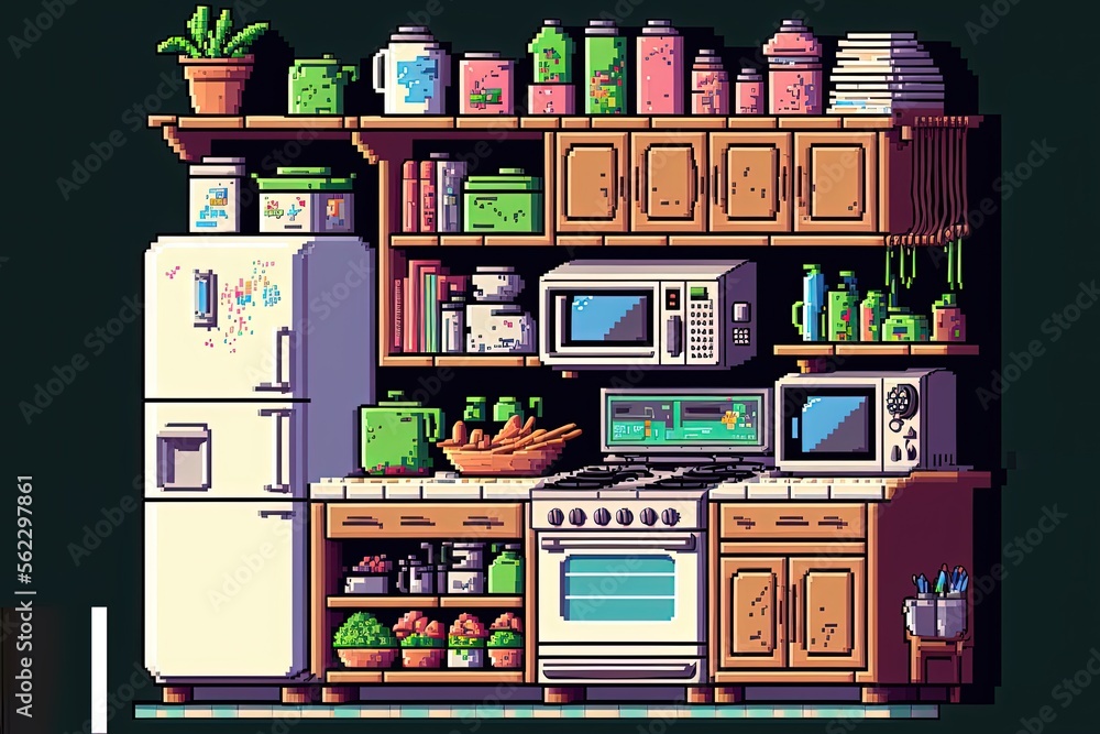 Pixel art retro kitchen view, old kitchen, background in retro style ...